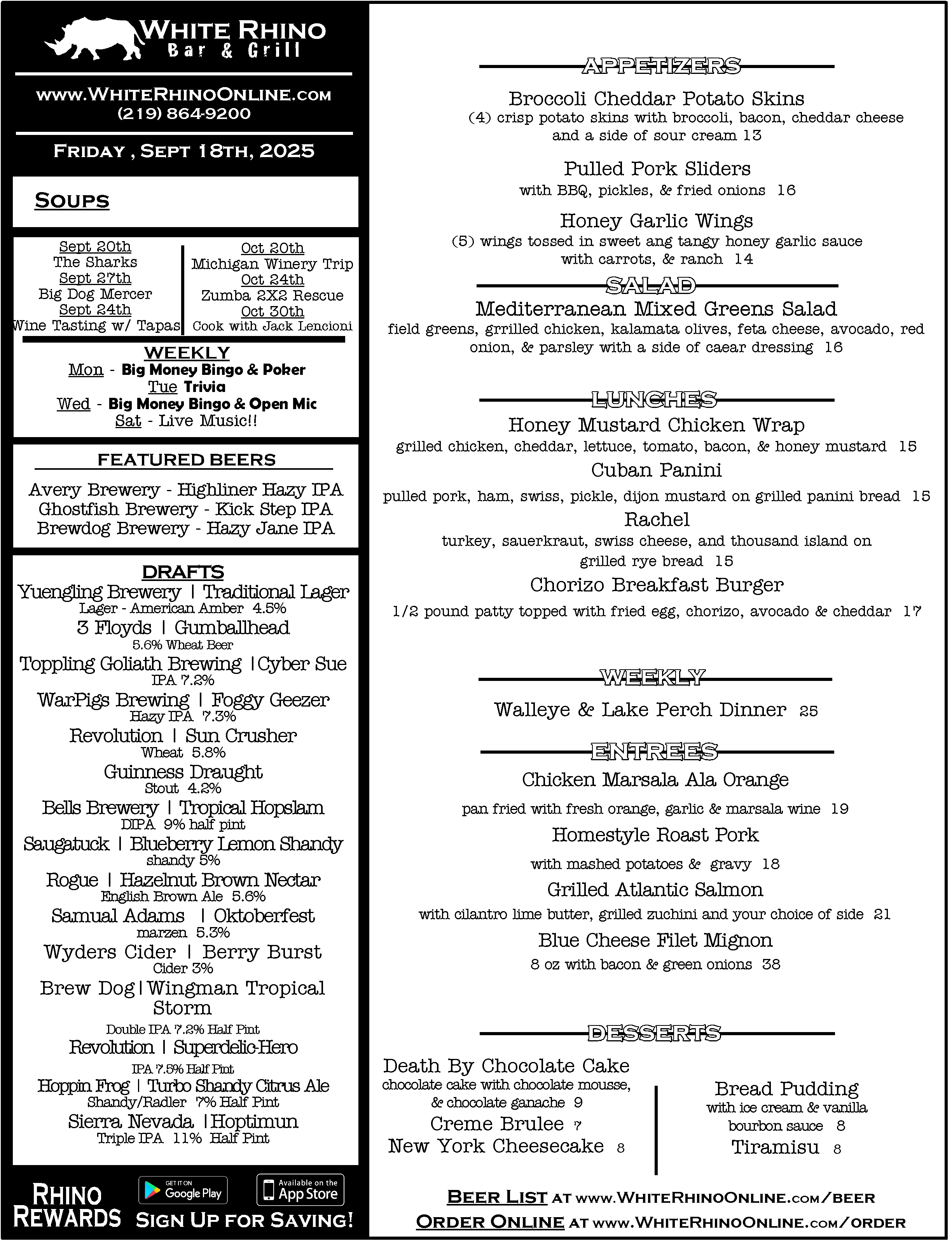 Menus | White Rhino Bar & Grill | Dyer, IN