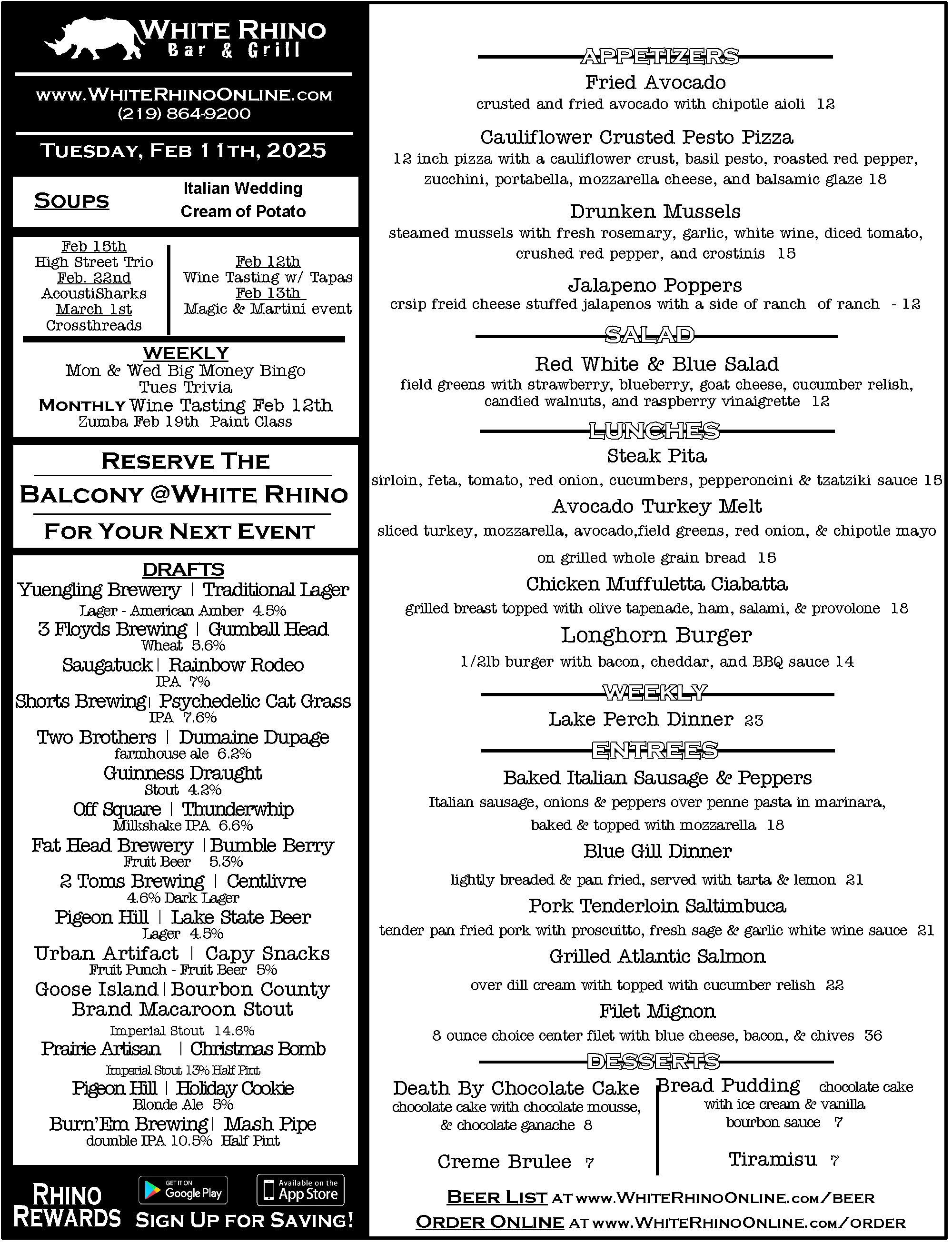 Menus | White Rhino Bar & Grill | Dyer, IN