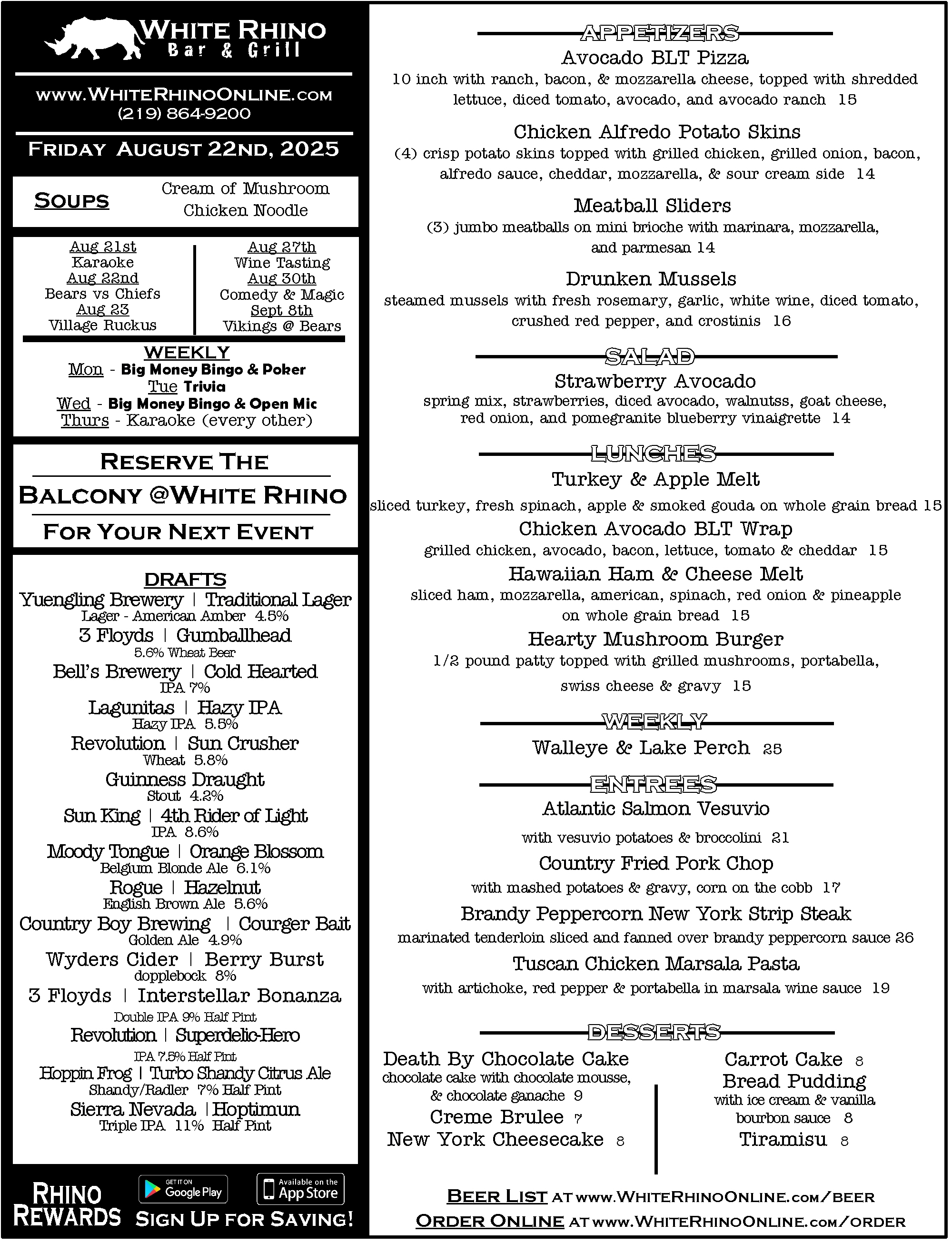 Menus | White Rhino Bar & Grill | Dyer, IN