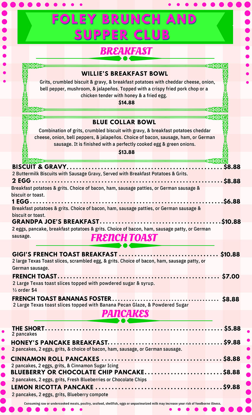 Menu at Foley Brunch & Supper Club | Comfort Food, Happy Hour, & Brunch ...